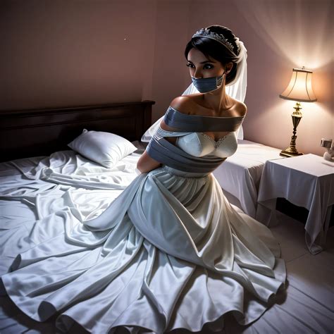 Bride in white gown sitting on bed with mask on - SeaArt AI