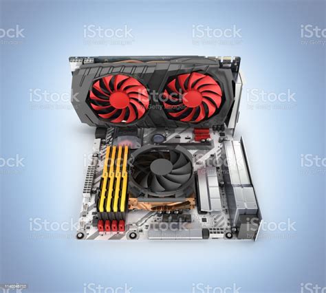 Motherboard Complete With Ram And Video Card Solated On Blue Gradient Background 3d Render Stock