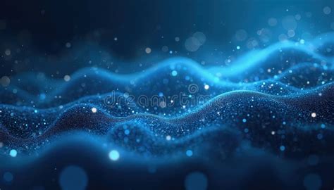 Abstract Digital Landscape Blue Network Data Flow Floating Particles Glowing Dots Wave
