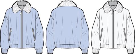 Shearling Collar Bomber 전면 및 후면 평면 스케치 기술 드로잉 벡터 일러스트 템플릿 프리미엄 벡터