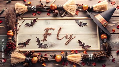 Witchs Broom And Hat Border With Fly Text Concept As A Whimsical Border