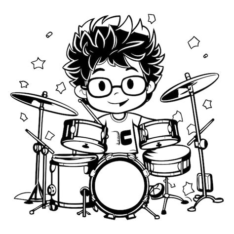 Petit Garçon Qui Joue De La Batterie Illustration Vectorielle En Noir
