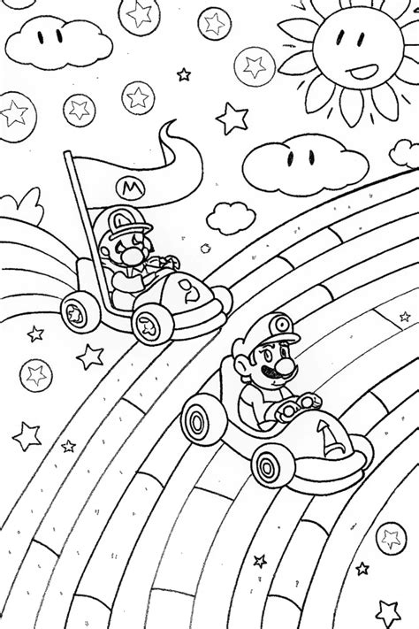 Rainbow Road Race With Mario And Luigi Coloring Page Free And Printable