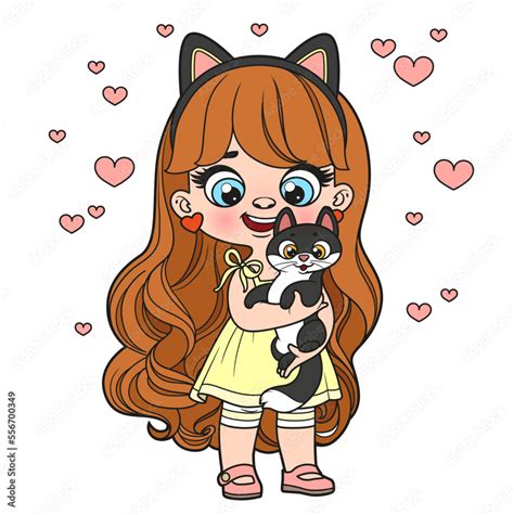 Cute Cartoon Long Haired Girl With Cat In Hands Color Variation For