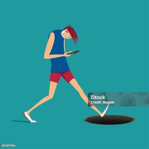영 스마트폰와 헤드폰 걷는 남자와 구 덩이에 빠질 것 이다 산만함에 대한 스톡 벡터 아트 및 기타 이미지 산만함 스마트폰
