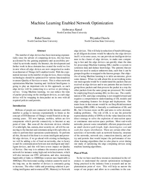 Pdf Machine Learning Enabled Network Optimization