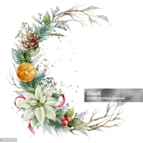 흰색 포인세티아 꽃 전나무 원뿔 녹색 잎 오렌지 조각과 함께 크리스마스 수채화 화환 0명에 대한 스톡 벡터 아트 및 기타 이미지