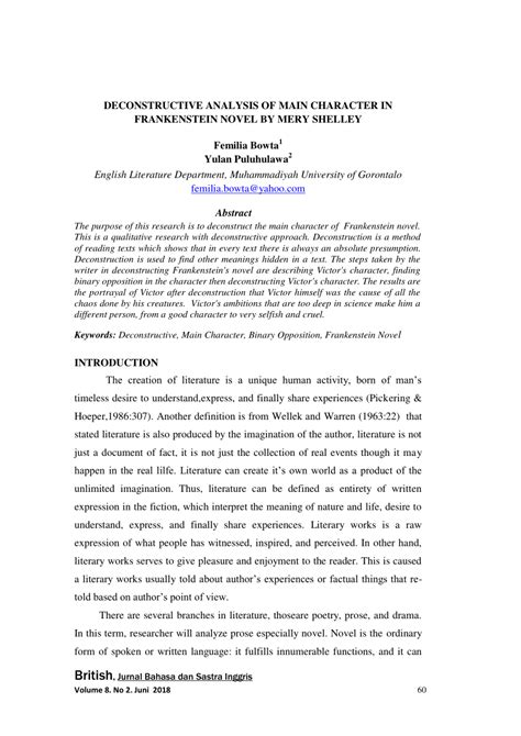 Pdf Deconstructive Analysis Of Main Character In Frankenstein Novel