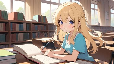 Adorable Blonde Anime Girl Studying In A Bright Library Classroom Stock