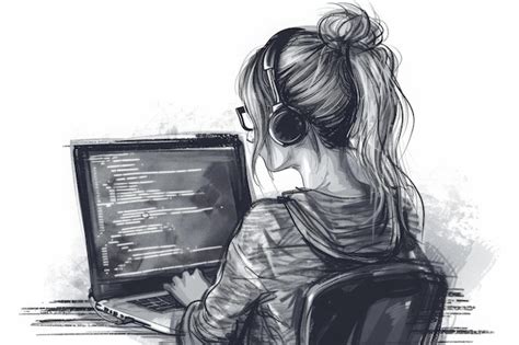 Premium Photo Doodle Art Vector Of A Young Woman At Computer Coding Premium Photo Doodle Art Vector Of A Young Woman At Computer Coding