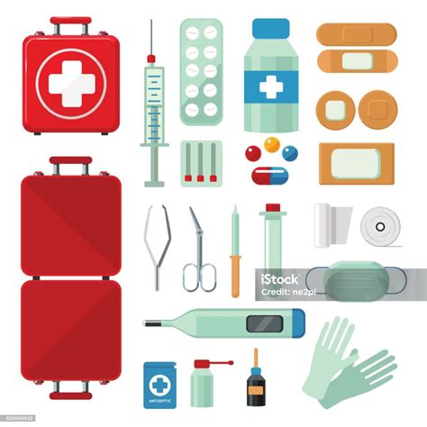 응급 처치 키트입니다 의료 장비와 설정 합니다 평면 스타일 아이콘입니다 1에 대한 스톡 벡터 아트 및 기타 이미지 1 1위