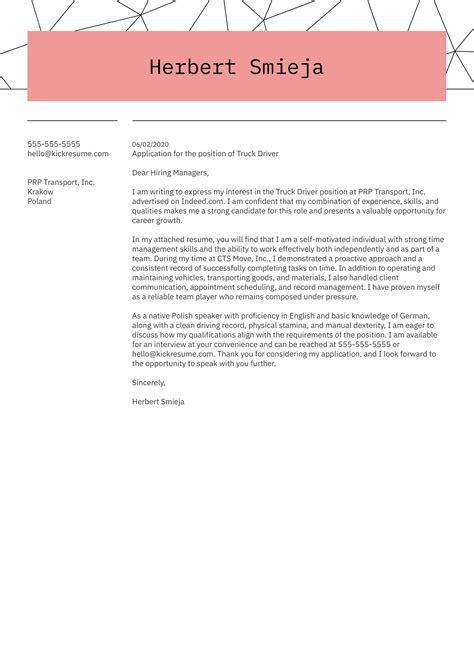 Truck Driver Cover Letter Example Kickresume