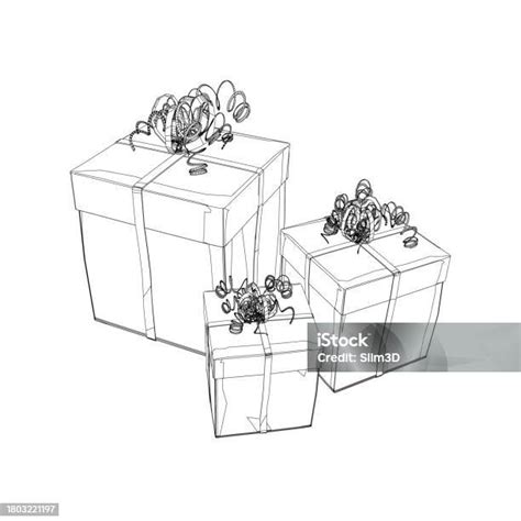 흰색 배경에 고립된 검은색 선으로 만든 리본이 있는 세 개의 선물 상자 개요입니다 비자 관점 벡터 일러스트 레이 션입니다 개념에 대한 스톡 벡터 아트 및 기타 이미지