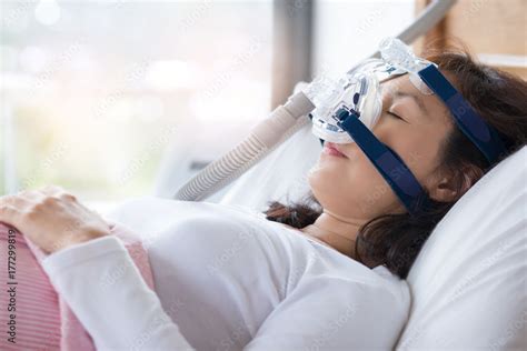 Woman And Cpap Mask Healthcare Concept Senior Woman Using Cpap Machine To Stop Choking And
