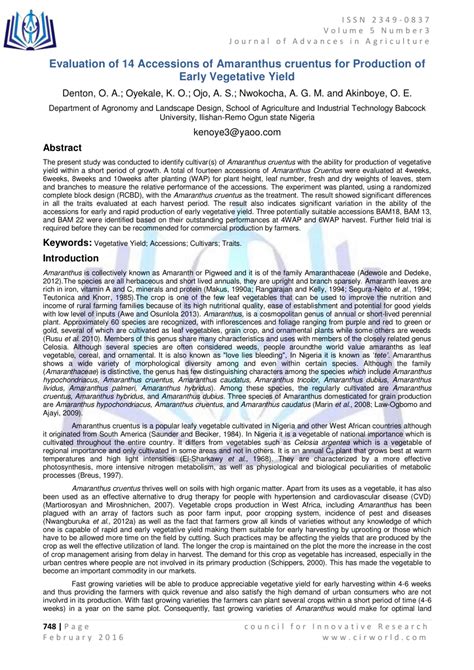 Pdf Evaluation Of 14 Accessions Of Amaranthus Cruentus For Production Of Early Vegetative Yield