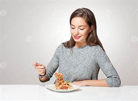 Young Brunette Having Italian Food Stock Image Image Of Sauce