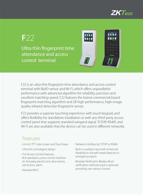 ZK F22 WIFI ZK รน F22 WIFI เครองสแกนลายนวมอและควบคมการเปด ปด ประต HIP Finger scan
