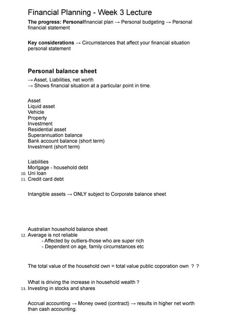 Introductory Personal Finance Lecture 3 Notes Financial Planning