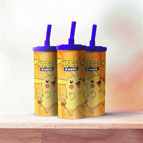Long Drink Tampa e Canudo Personalizado 360 Pokémon Pikachu