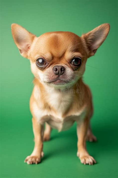 Angry And Surprised Chihuahua Isolated On A Green Background With Its