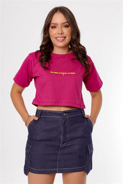 Cropped De Todas As Belezas Coragem Alto Relevo Fucsia Atacado