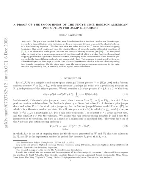 pdf a proof of the smoothness of the finite time horizon american put option for jump diffusions