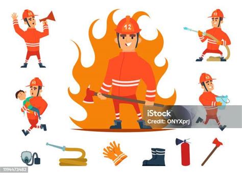 소방관 및 장비 소방관 직업 작업 만화 도구 어린이와 화재 호스 및 소화전 격리 벡터 세트 개념에 대한 스톡 벡터 아트 및 기타 이미지 Istock