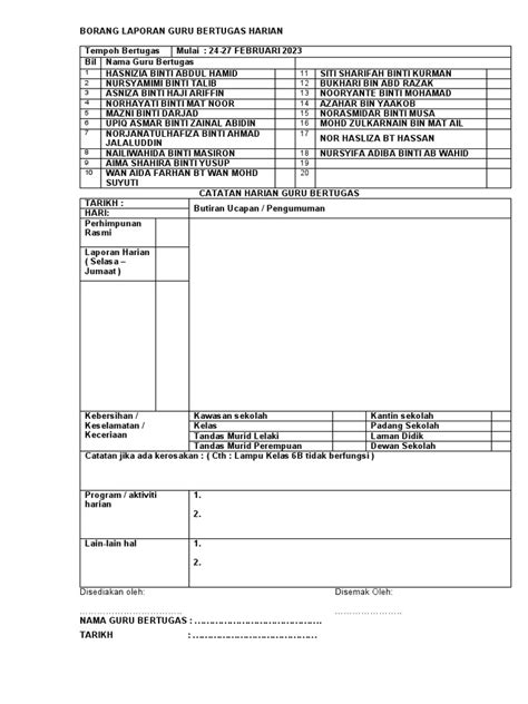 Borang Laporan Guru Bertugas Harian Pdf