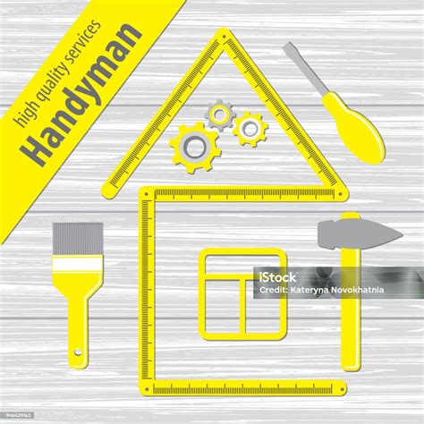 전문 잡 역 서비스입니다 노란색 건물 눈금자에서 집의 실루엣 흰색 나무 바탕에 수리 도구의 집합입니다 재고 벡터입니다 평면 디자인입니다 프레임에 대한 스톡 벡터 아트 및