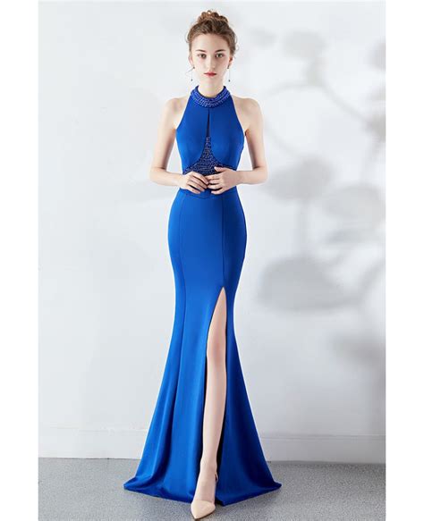 Fitted Mermaid Long Halter Prom Dress With Beaded Neckline LN107
