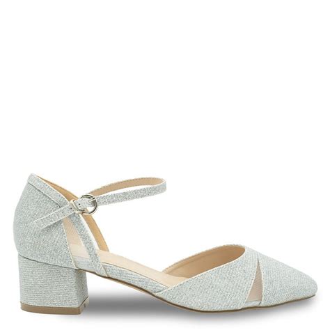 Frankie Silver Glitter Wide Fit Low Block Heel Shoes Paradox London