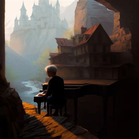Premium Photo Painting Of A Man Playing A Piano In A Castle Like Setting Generative Ai