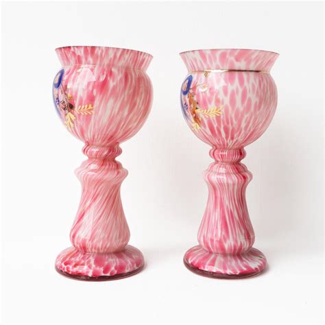 Pair Of Antique Bohemian Hand Blown Enamelled Pink Glass Vases Czech