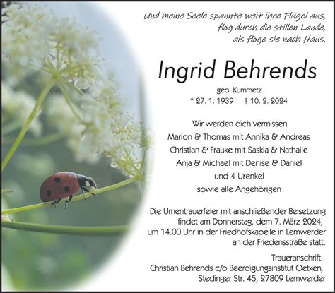 Traueranzeigen Von Ingrid Behrends Trauer And Gedenken