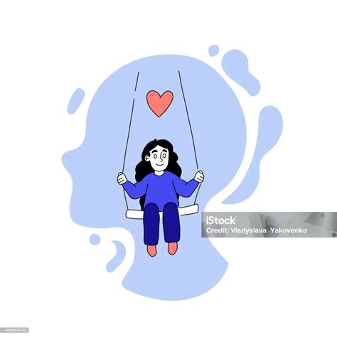 벡터는 스윙에 소녀의 그림을 그렸다 심장 여자 시소 평온함 정신 건강 자연과의 단결 명상 심리 치료 장애 마음 챙김 개념 블루와