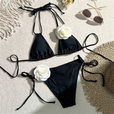 Sexy 3d Blume Schwarz Dreieck Bikinis Set Mikro Tanga Badeanz Ge Frauen