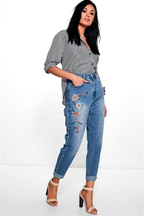 High Waist Embroidered Mom Jeans Boohoo Mom Jeans Womens Fashion
