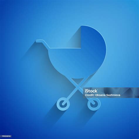 종이 컷 파란색 배경에 고립 된 아기 유모차 아이콘 유모차 버기 유모차 유모차 바퀴 종이 아트 스타일입니다 벡터 일러스트레이션 0명에 대한 스톡 벡터 아트 및 기타 이미지