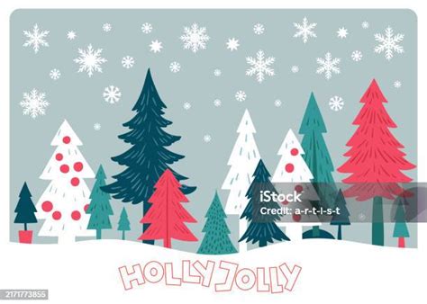 손으로 그린 크리스마스 카드입니다 겨울 풍경입니다 소나무가 있는 인사말 카드입니다 크리스마스 트리에 대한 스톡 벡터 아트 및 기타 이미지 크리스마스 트리 일러스트레이션