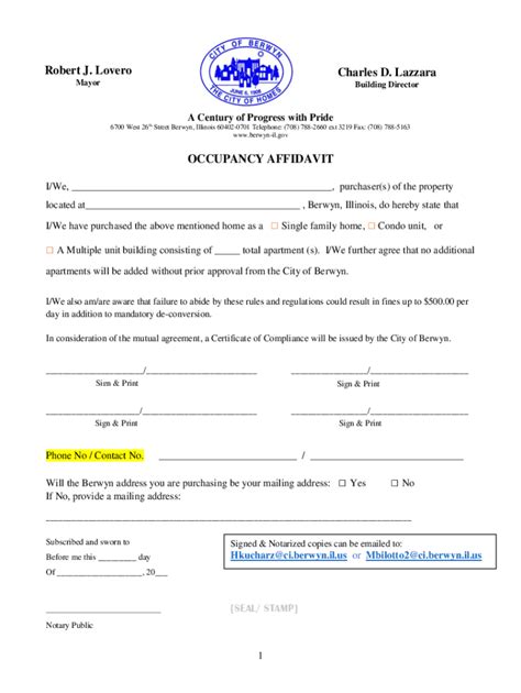 Fillable Online OCCUPANCY AFFIDAVIT Robert J Lovero Charles D Lazzara