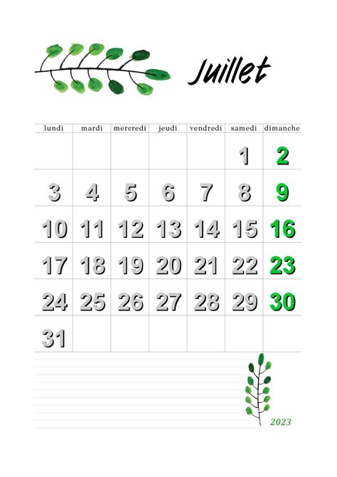 Calendrier Juillet 2023 Imprimable Calendriers A4
