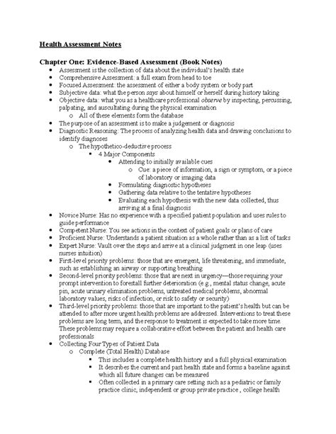 Health Assessment Notes Health Assessment Notes Chapter One Evidence
