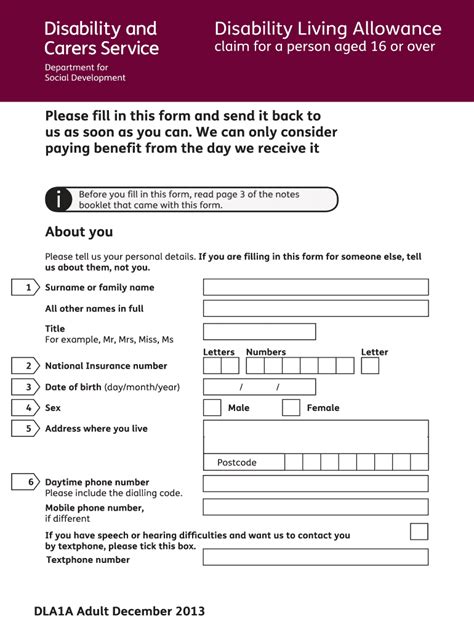 2013 Form Uk Dla1a Adult Fill Online Printable Fillable Blank
