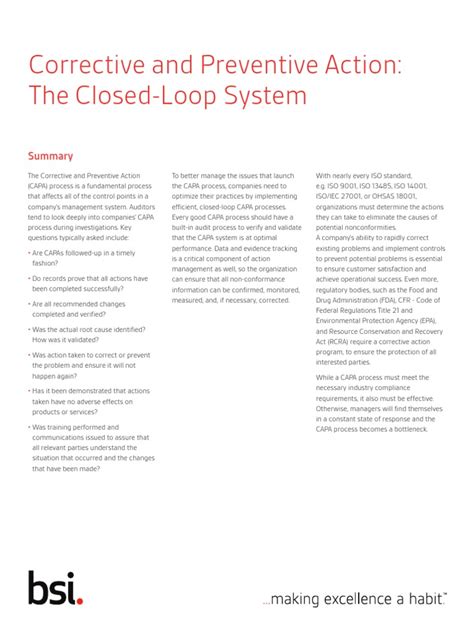 Corrective And Preventive Action The Closed Loop System Pdf Risk Business