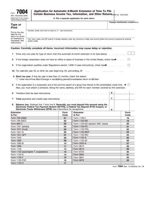 Fillable Form 7004 Application For Automatic 6 Month Extension Of
