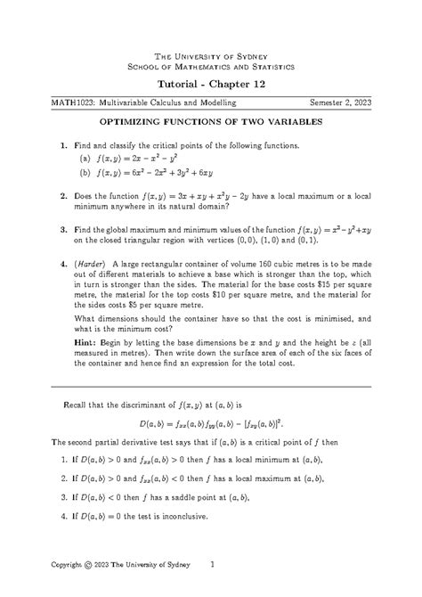 Tutorial Chapter 12 Math Lecture Notes Week 12 The University Of