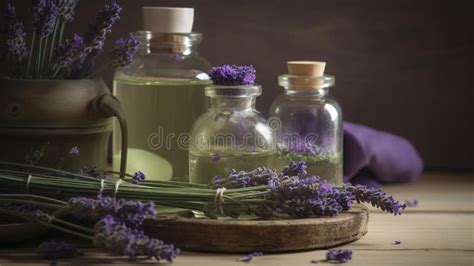 Lavender Flowers And Bottles Of Lavender Oil On A Table With Lavenders
