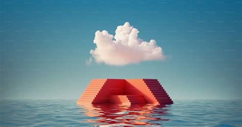 3d 렌더링 빨간색 계단이 빈 받침대 푸른 하늘과 물에 흰 구름이 있는 추상 최소 배경 제품 프레젠테이션을 위한 간단한 쇼케이스 사진 Unsplash의 건축학 이미지