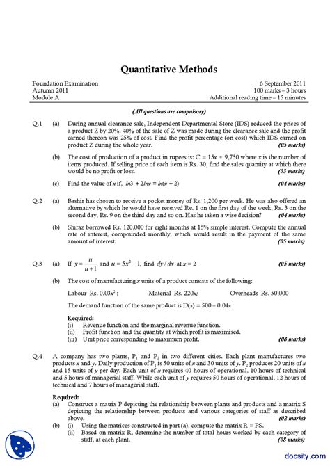 Basic Quantitative Methods Part 10 Quantitative Methods Exam Paper