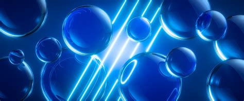 3d 이미지 대각선으로 빛나는 네온 라인의 추상적 인 파란색 배경 투명한 유리 공 거품 및 반사와 굴절이있는 구체로 둘러싸여 있습니다 미래 지향적인 기술 벽지 0명에 대한
